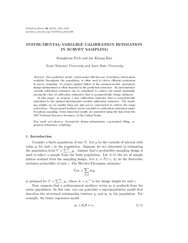 Pdf Instrumental Variable Calibration Estimation In Survey Sampling
