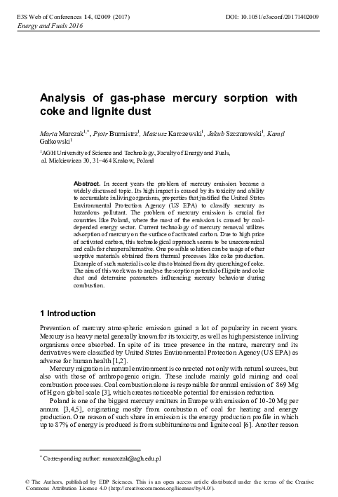 (PDF) Analysis of gas-phase mercury sorption with coke and lignite dust
