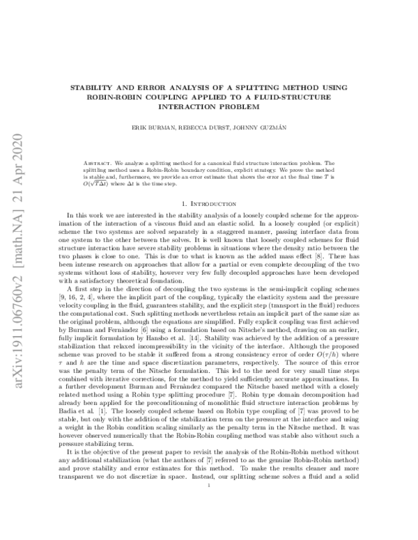 (PDF) Stability and error analysis of a splitting method using Robin – Robin coupling applied to ...