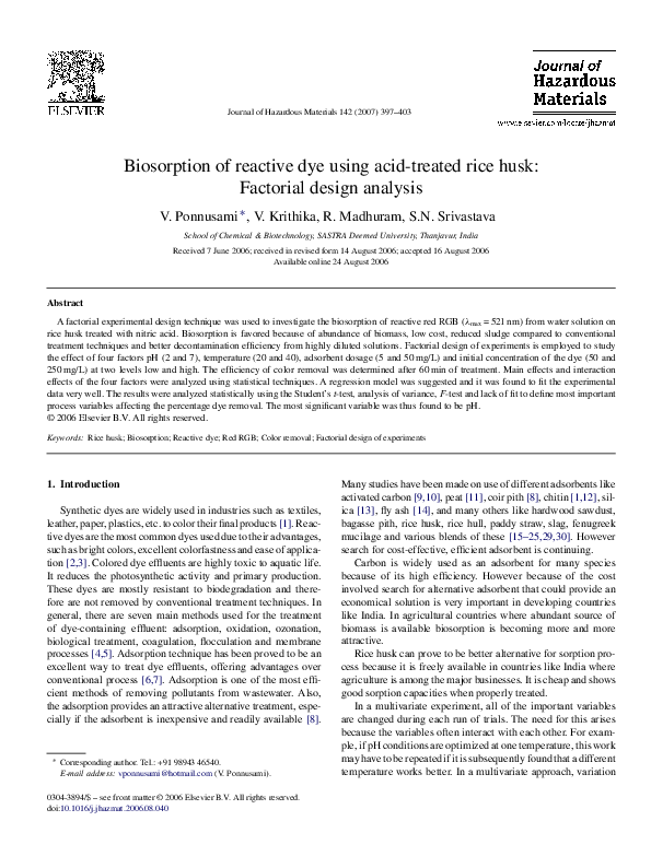 (PDF) Biosorption of reactive dye using acid-treated rice husk: Factorial design analysis