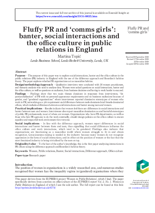 (PDF) Fluffy PR and 'comms girls': banter, social interactions and the office culture in public ...