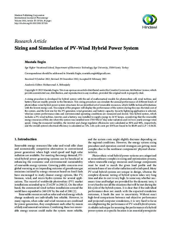 Pdf Sizing And Simulation Of Pv Wind Hybrid Power System