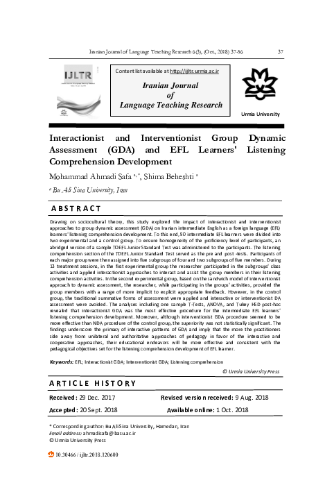 (PDF) Interactionist and Interventionist Group Dynamic Assessment (GDA) and EFL Learners ...