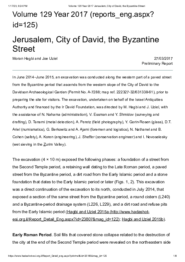 (PDF) Jerusalem, City of David, the Byzantine Street