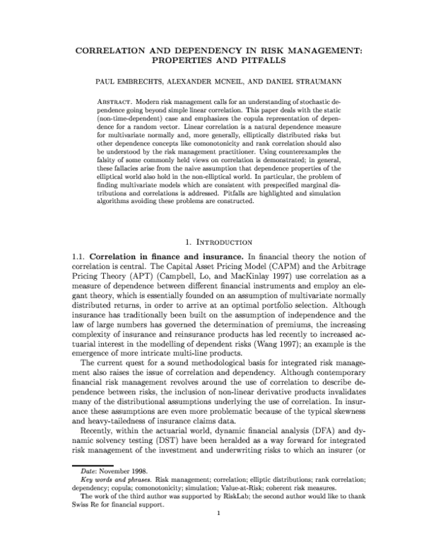 (PDF) 1999], Correlation and dependency in risk management : properties ...