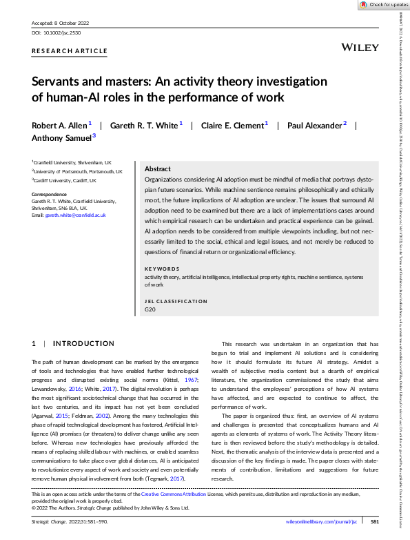 (PDF) Servants and masters: An activity theory investigation of human‐AI roles in the ...