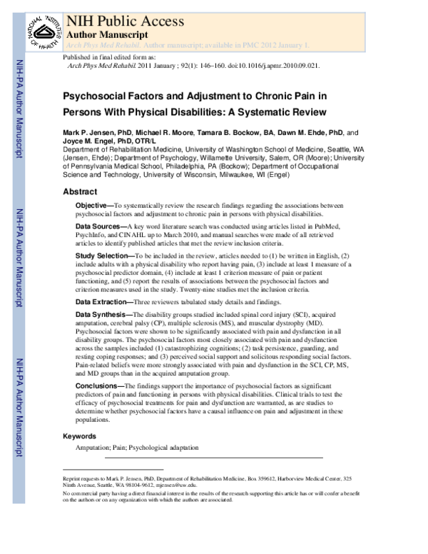 (PDF) Psychosocial Factors and Adjustment to Chronic Pain in Persons ...