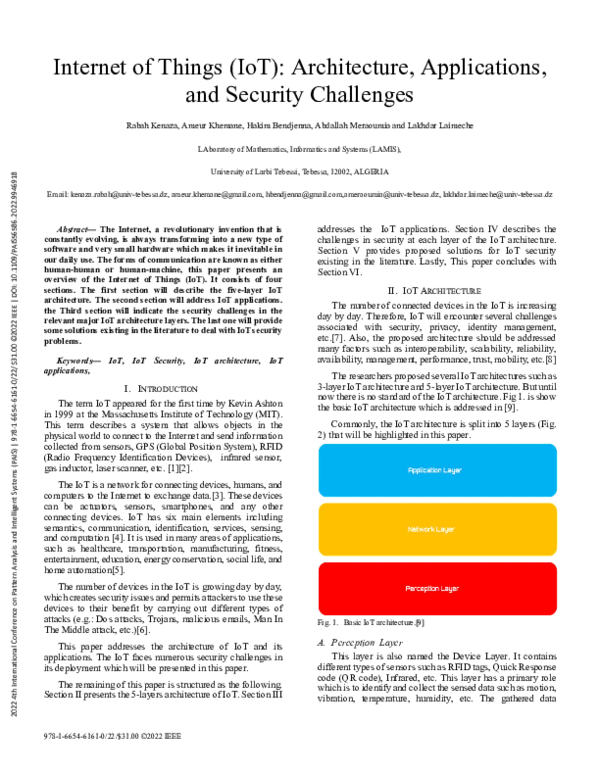 Pdf Internet Of Things Iot Architecture Applications And Security Challenges