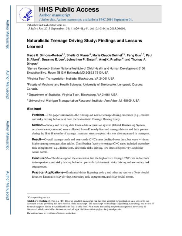 (PDF) Naturalistic teenage driving study: Findings and lessons learned