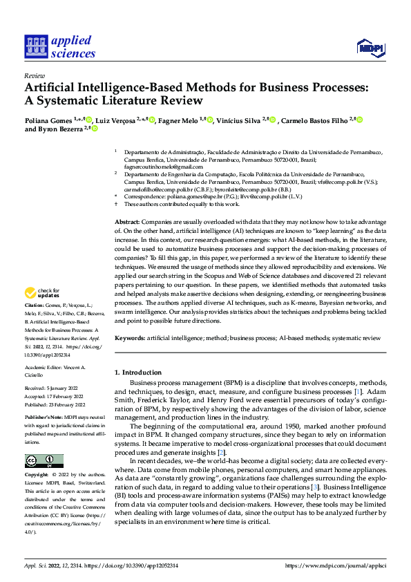 (PDF) Artificial Intelligence-Based Methods for Business Processes: A Systematic Literature Review