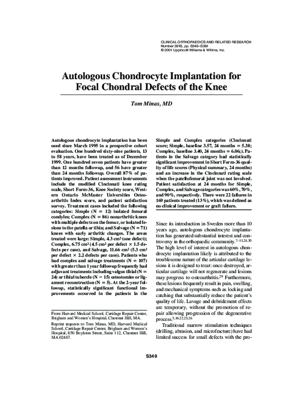 (PDF) Autologous Chondrocyte Implantation for Focal Chondral Defects of ...
