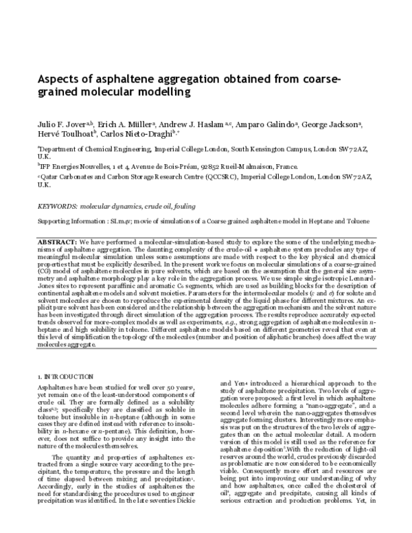 (PDF) Aspects of Asphaltene Aggregation Obtained from Coarse-Grained Molecular Modeling