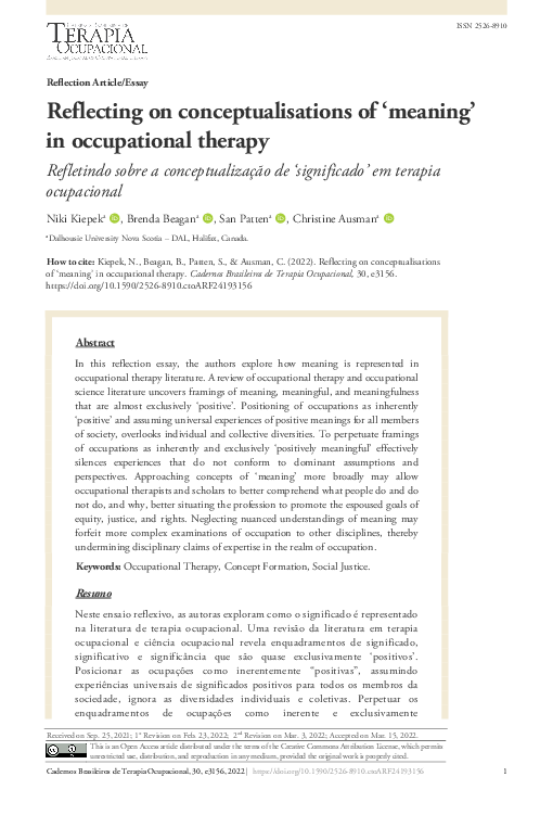 (PDF) Reflecting on conceptualisations of ‘meaning’ in occupational therapy