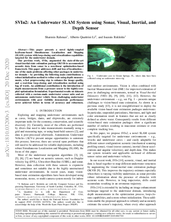 (PDF) SVIn2}: An Underwater {SLAM} System using Sonar, Visual, Inertial, and Depth Sensor