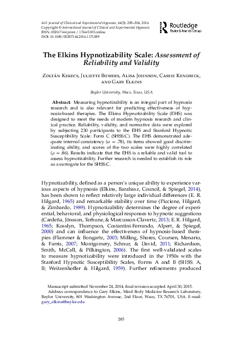 (PDF) The Elkins Hypnotizability Scale:Assessment of Reliability and ...