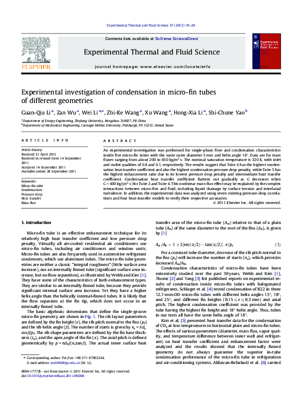 (PDF) Experimental investigation of condensation in micro-fin tubes of different geometries