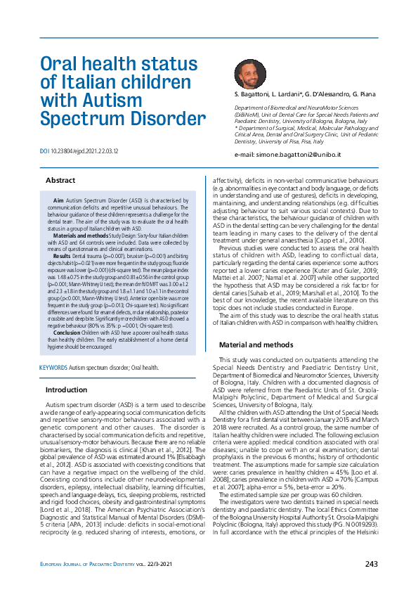 (PDF) Oral health status of Italian children with Autism Spectrum Disorder
