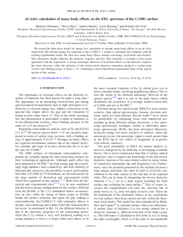 Pdf Ab Initio Calculation Of Many Body Effects On The Eel Spectrum Of