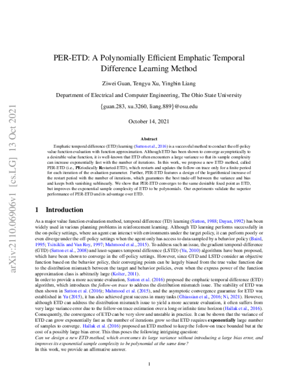 (PDF) PER-ETD: A Polynomially Efficient Emphatic Temporal Difference Learning Method
