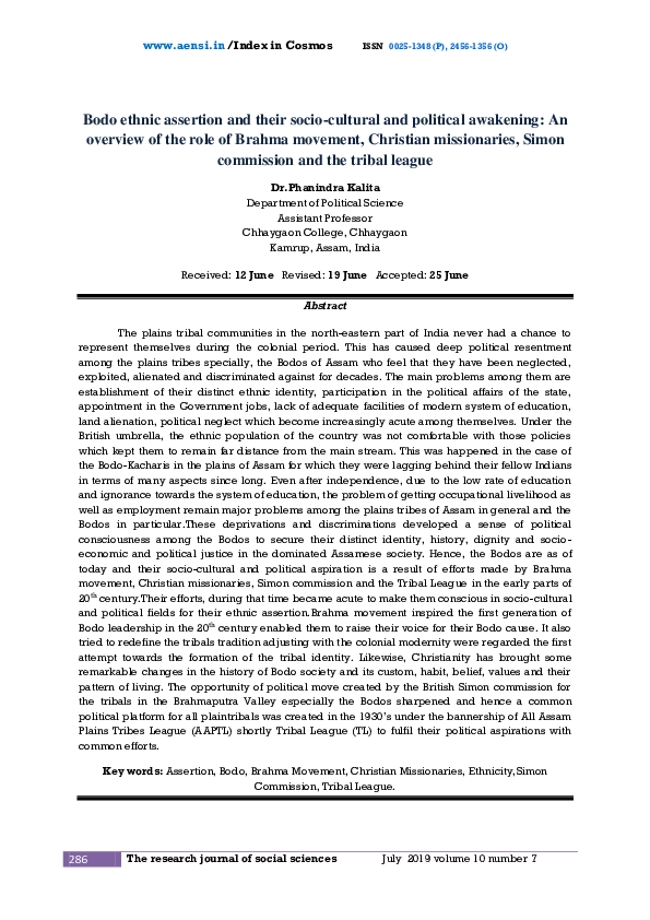 (PDF) Bodo ethnic assertion and their socio-cultural and political ...