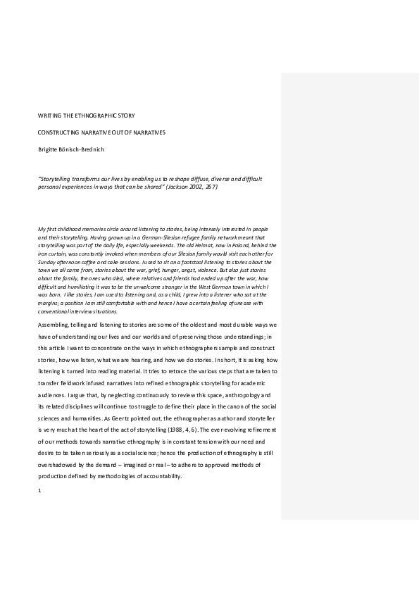 (PDF) Writing the Ethnographic Story: Constructing Narrative out of Narratives