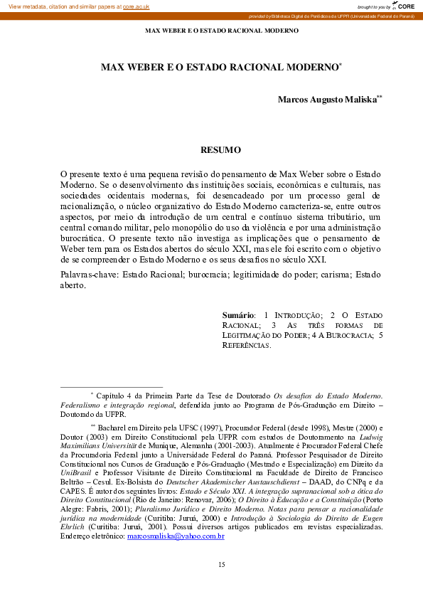 (PDF) Max Weber e O Estado Racional Moderno