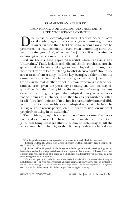 (PDF) COMMENTS AND CRITICISM-Deontology, Individualism, and Uncertainty ...