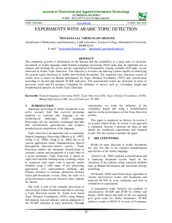 Pdf Experiments With Arabic Topic Detection
