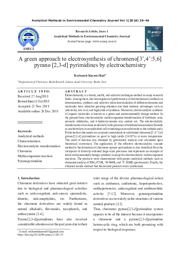 (PDF) A green approach to electrosynthesis of chromeno[3’,4’:5,6] pyrano [2,3-d] pyrimidines