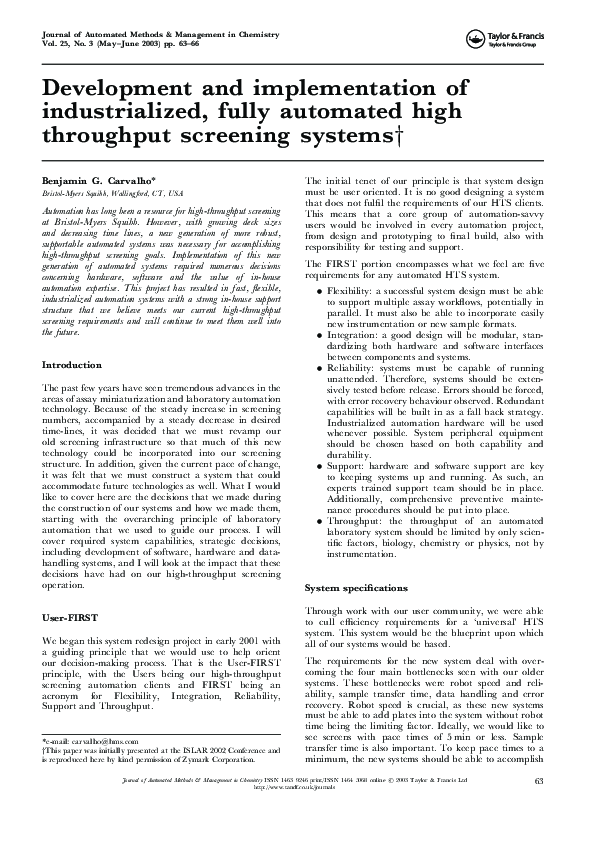 (PDF) Development and implementation of industrialized, fully automated high throughput ...