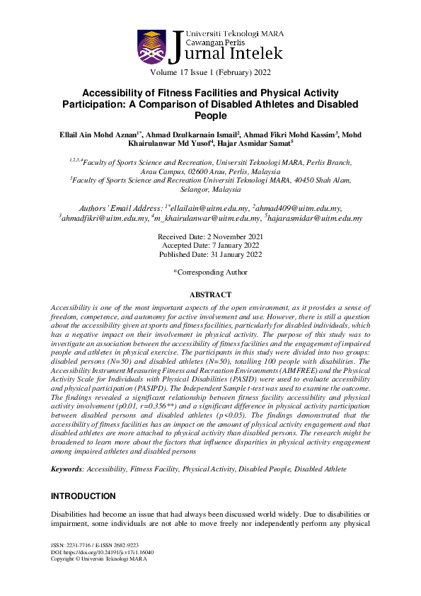 (PDF) Accessibility of Fitness Facilities and Physical Activity ...