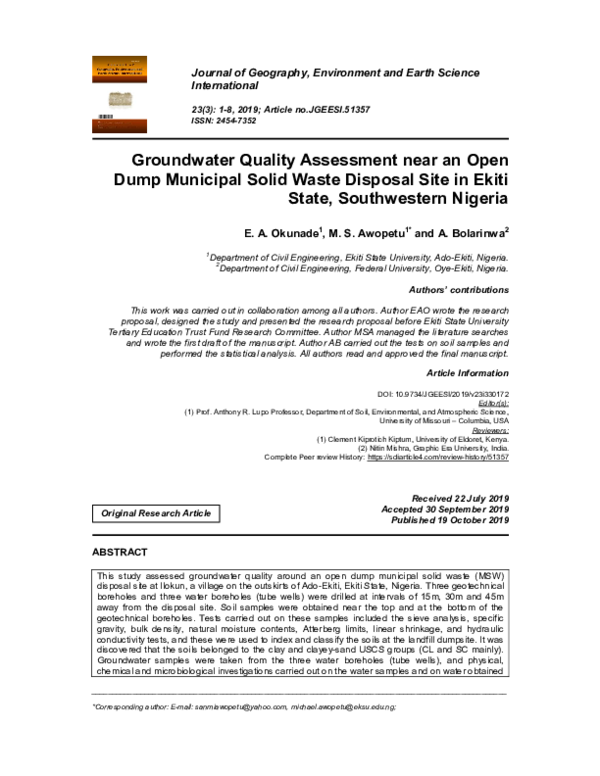 (PDF) Groundwater Quality Assessment near an Open Dump Municipal Solid Waste Disposal Site in ...