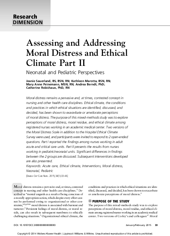 (PDF) Assessing and addressing moral distress and ethical climate, part 1