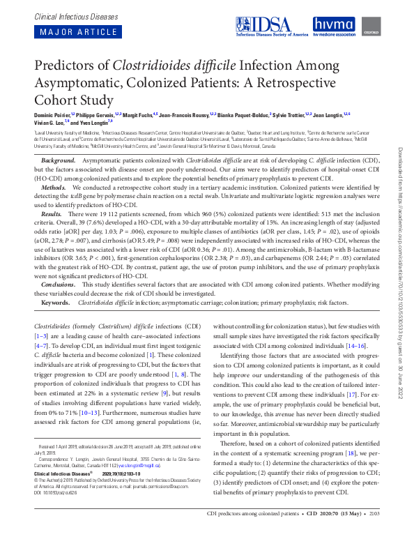 (PDF) Predictors of C. difficile Infection in Asymptomatic Patients