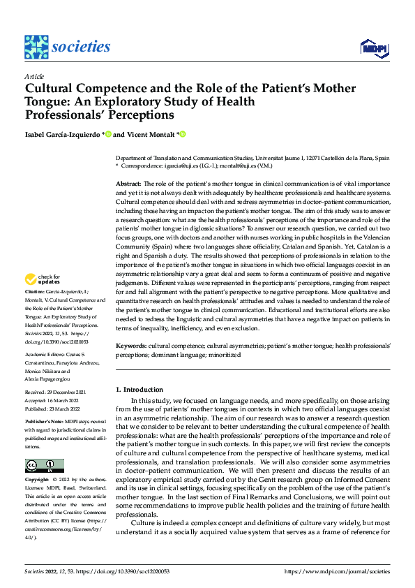 (PDF) Cultural Competence and the Role of the Patient’s Mother Tongue: An Exploratory Study of ...