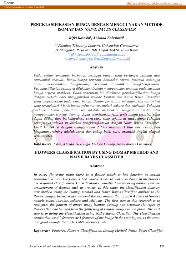 (PDF) Pengklasifikasian Bunga Dengan Menggunakan Metode Isomap Dan Naive Bayes Classifier
