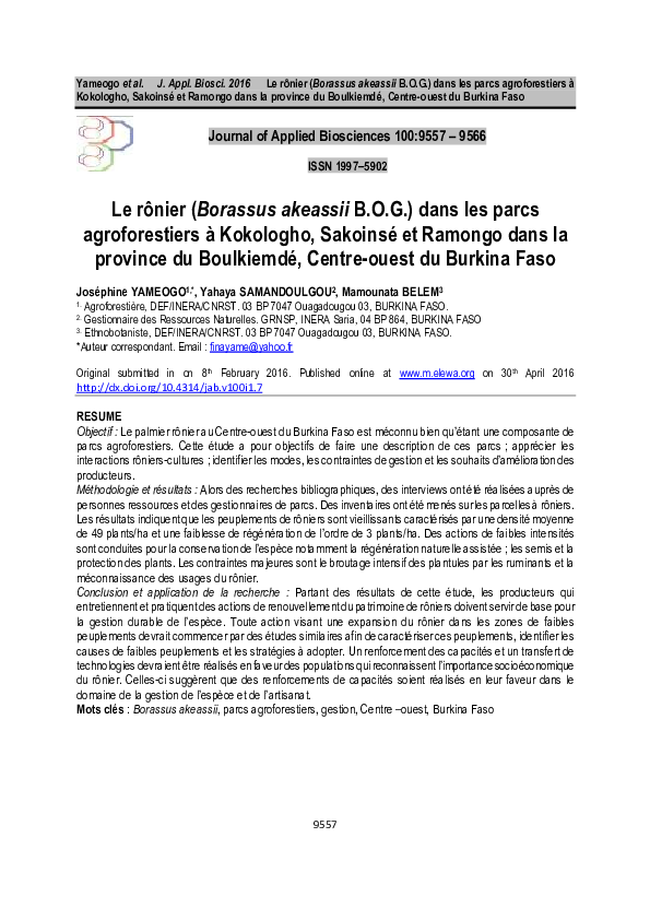 (PDF) Le rônier (Borassus akeassii B.O.G.) dans les parcs ...