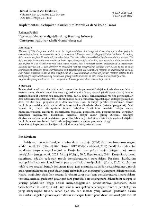 (PDF) Implementasi Kebijakan Kurikulum Merdeka di Sekolah Dasar ...