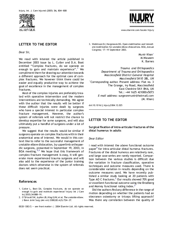 (PDF) Surgical fixation of intra-articular fractures of the distal humerus in adults | Nadim ...