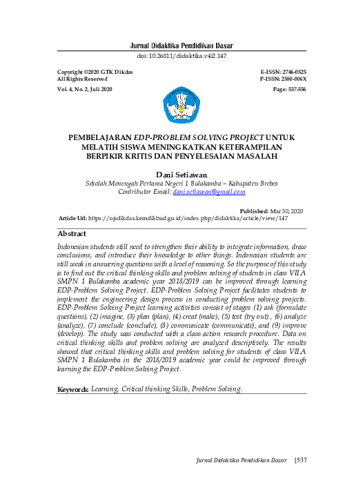 (PDF) Pembelajaran EDP-Problem Solving Project untuk Melatih Siswa Meningkatkan Keterampilan ...