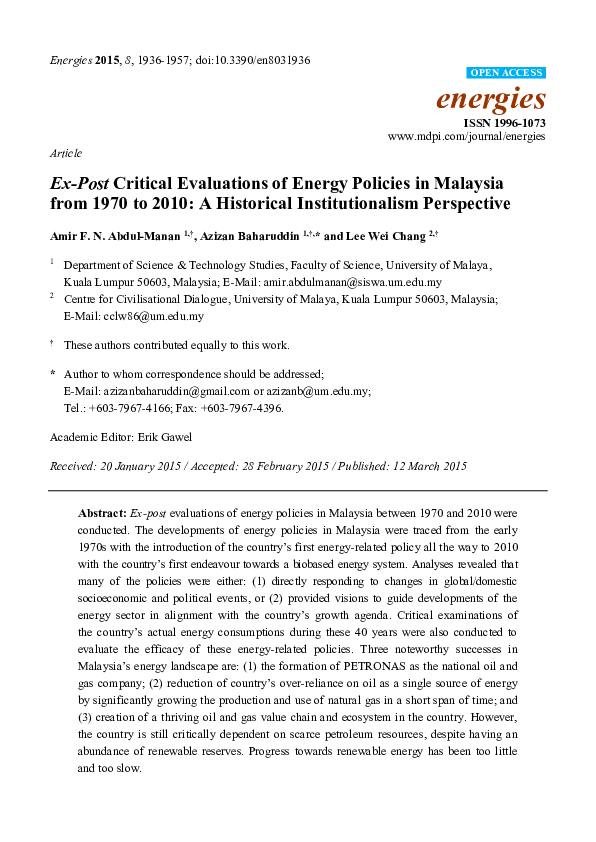 (PDF) Article Ex-Post Critical Evaluations of Energy Policies in ...