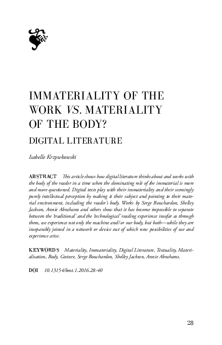 (PDF) Immateriality of the work vs. materiality of the body? Digital ...