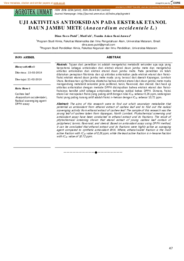 (PDF) UJI AKTIVITAS ANTIOKSIDAN PADA EKSTRAK ETANOL DAUN JAMBU METE ...