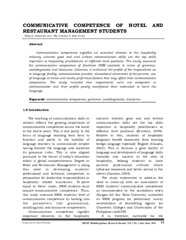 (PDF) Communicative Competence of Hotel and Restaurant Management Students