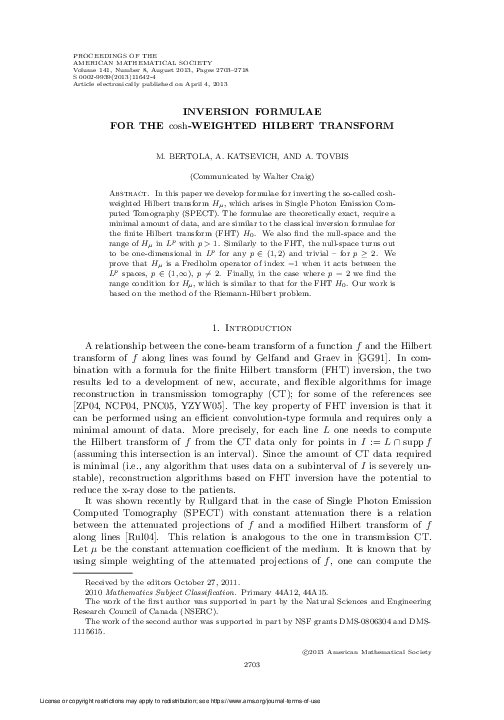 (PDF) Inversion formulae for the $\mathrm {\cosh }$-weighted Hilbert ...