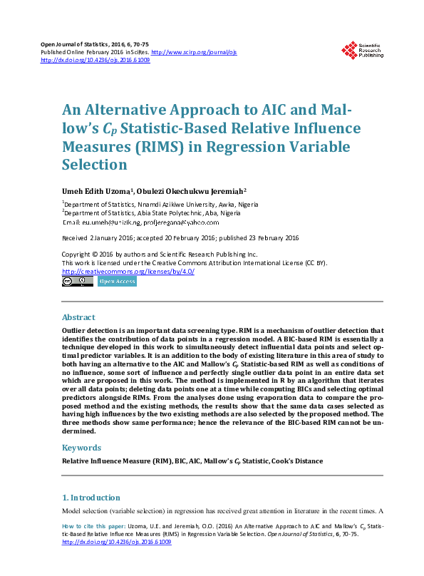 (PDF) An Alternative Approach to AIC and Mallow’s Cp Statistic-Based Relative Influence Measures ...
