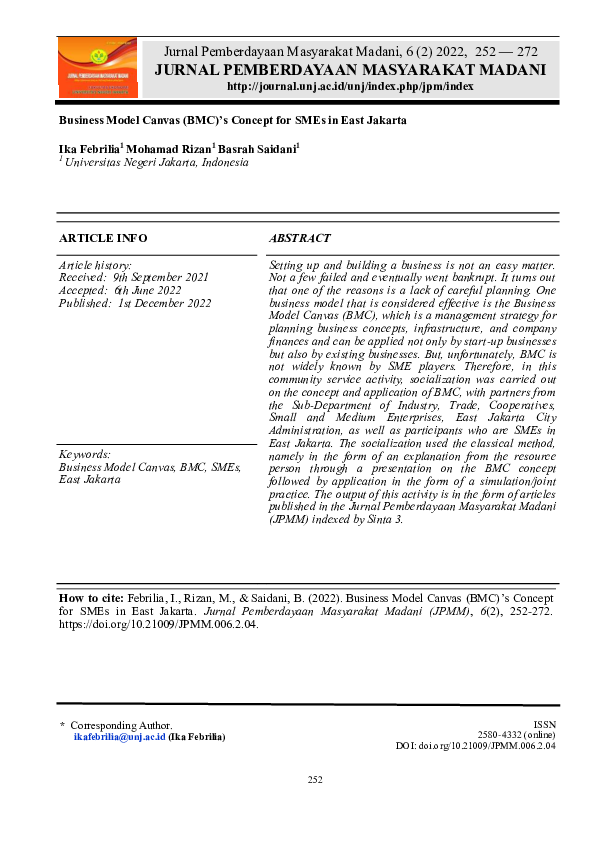 (PDF) Business Model Canvas (BMC)’s Concept for SMEs in East Jakarta