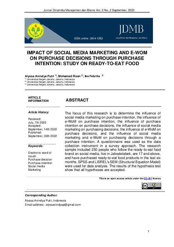 (PDF) The Influence of Social Media Marketing and E-Wom on Purchase Decisions Through Purchase ...
