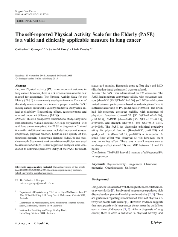 (PDF) The self-reported Physical Activity Scale for the Elderly (PASE) is a valid and clinically ...