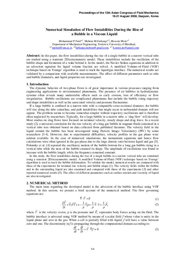 (PDF) Numerical Simulation of Flow Instabilities during the Rise of a Bubble in a Viscous Liquid